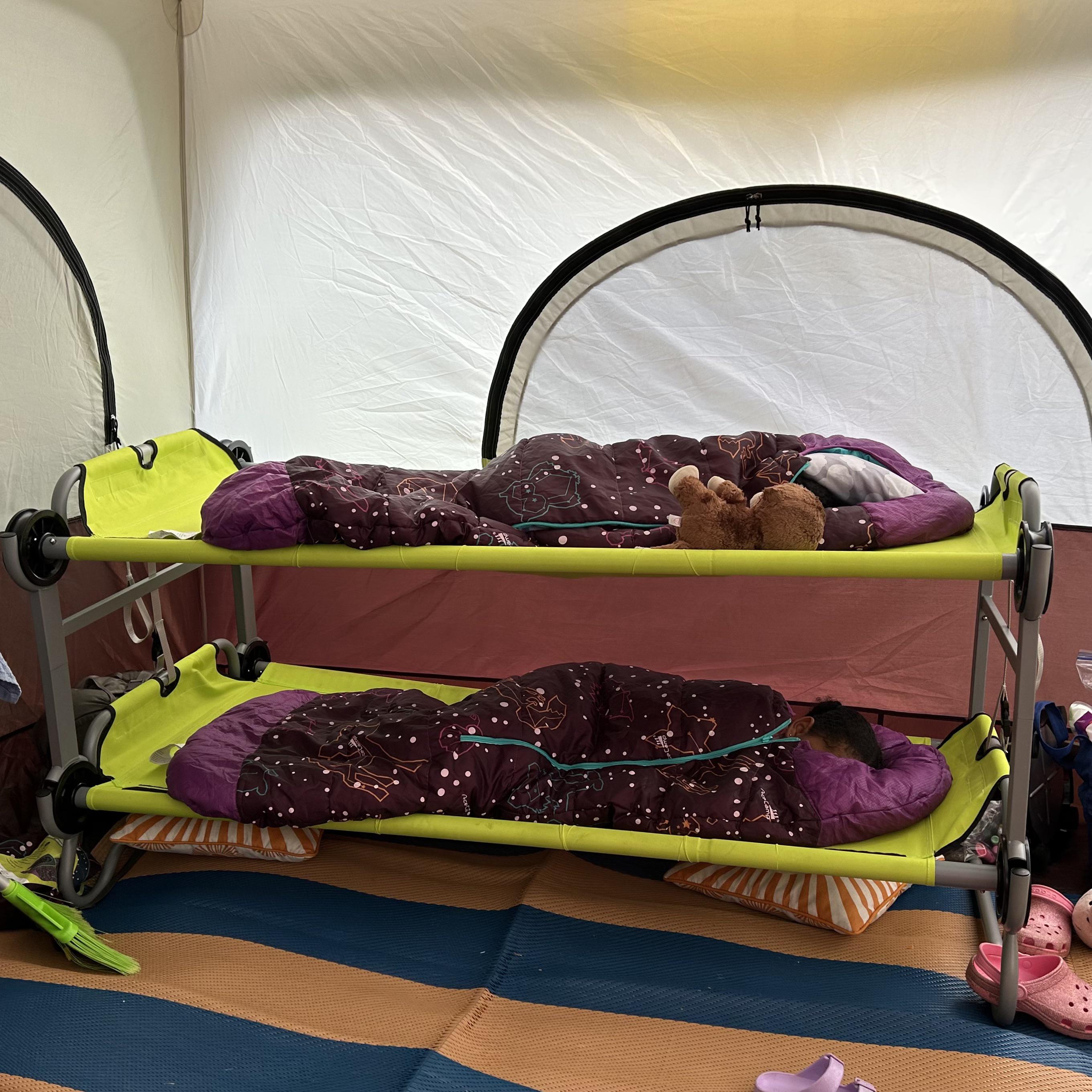 The ultimate tent space saving hack when camping with kids - La Vie Zine