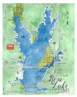 Just finishing up my latest Watercolor + Calligraphy Map of Rend Lake ...