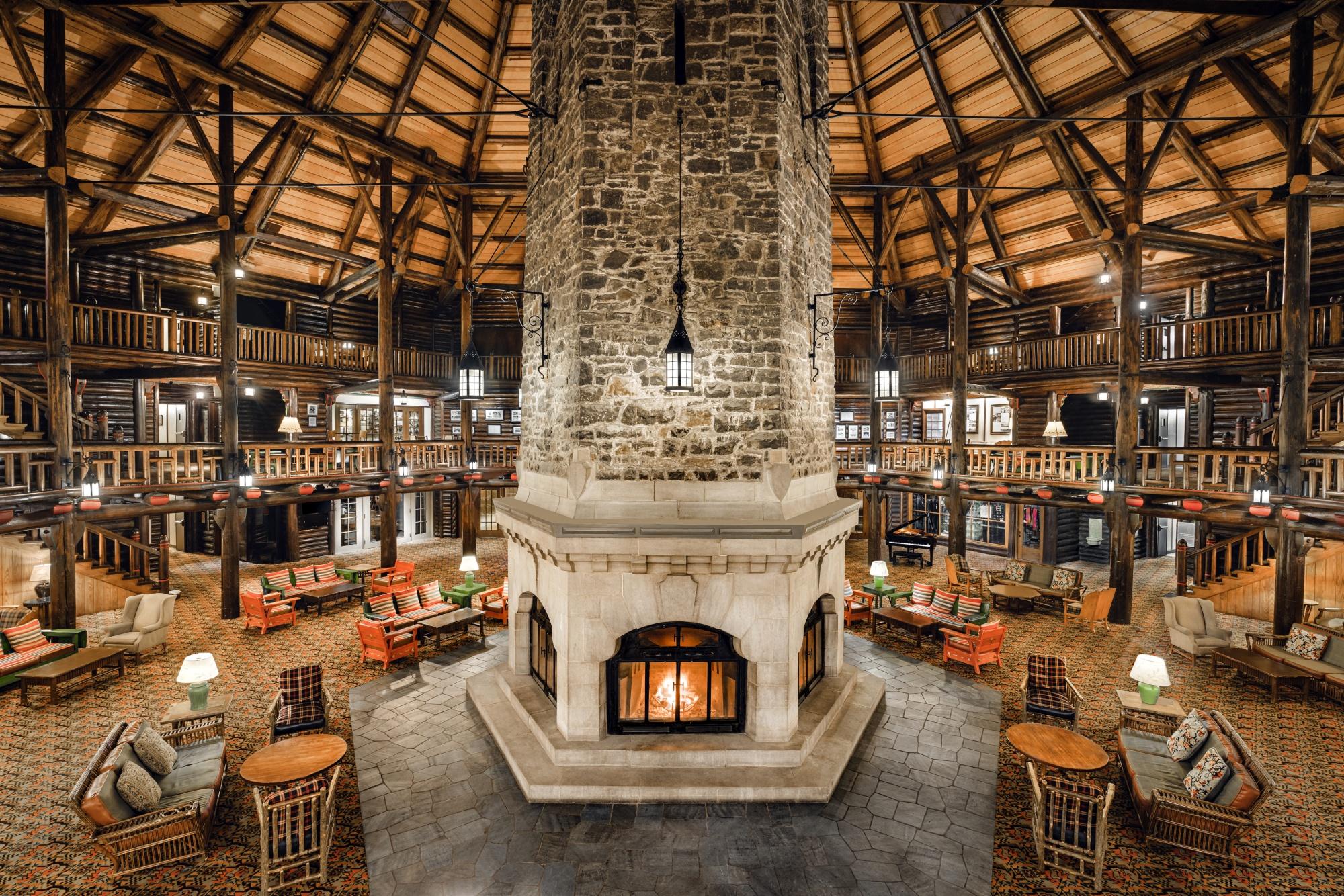 The lobby of the world's largest log cabin - Fairmont Le Château ...