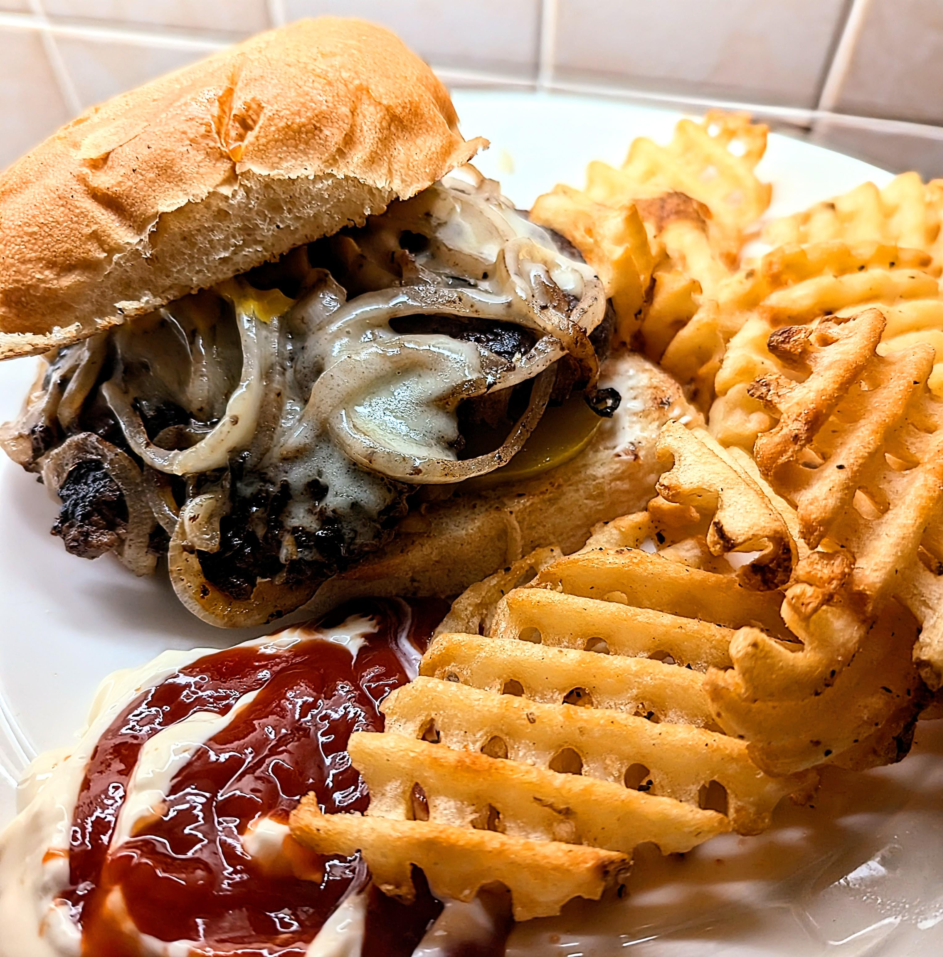 Oklahoma Smash Burger w Waffle Fries and Fancy Sauce - La Vie Zine
