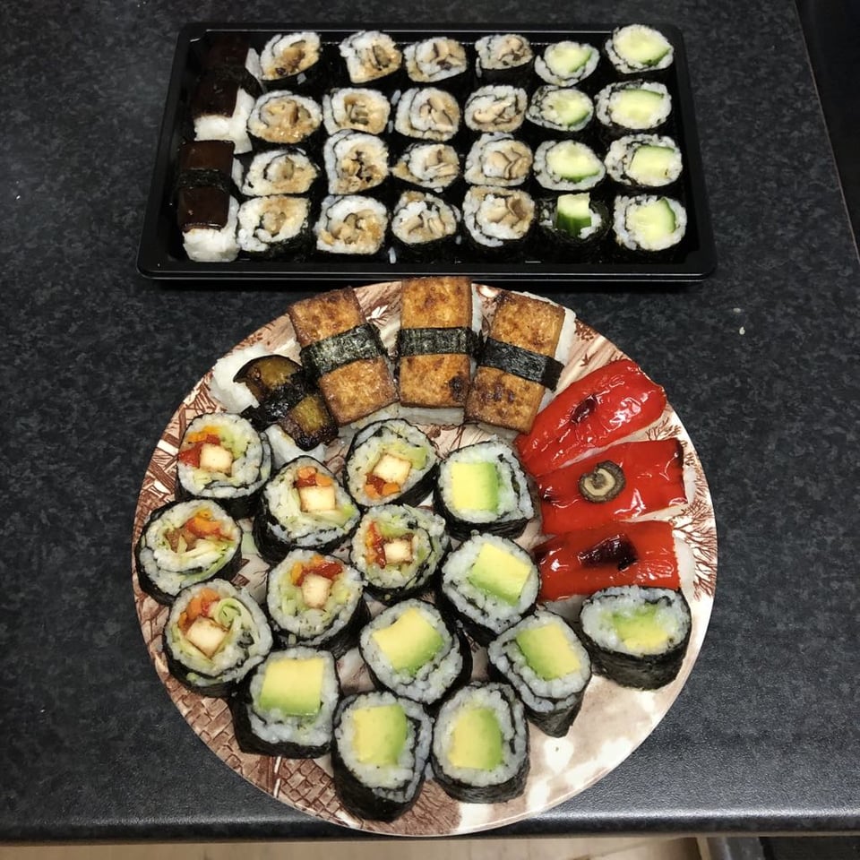 Homemade sushi platter ft. mini marinated tofu musubi, roasted red ...