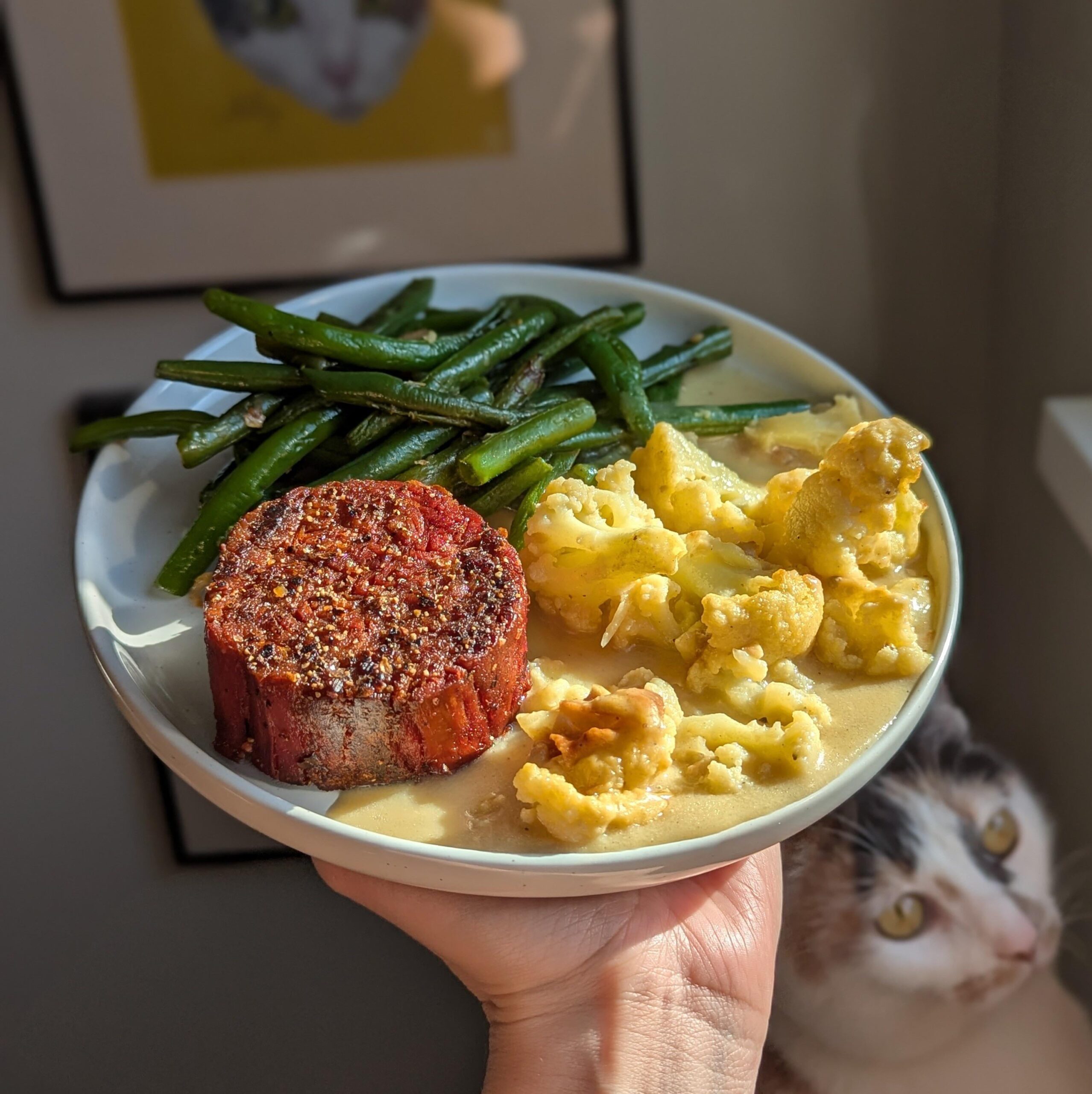 juicy marbles filet with cauliflower cheese and sautéed garlicky green ...