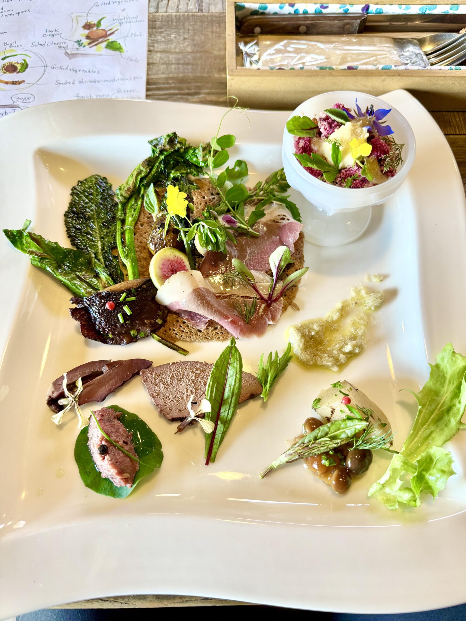 [OC] Wild boar ham, deer liver and vegetables from a farmhouse ...